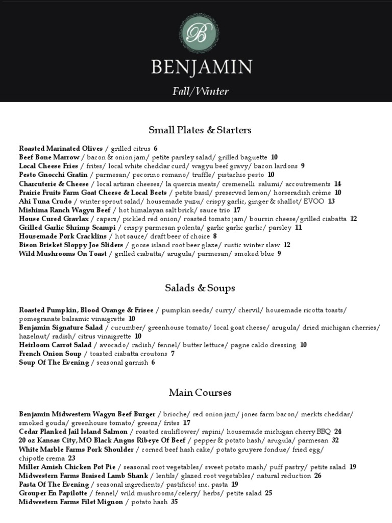 Benjamin Dinner Menu | PDF | Salad | Foods