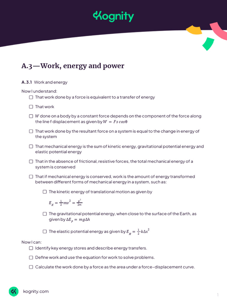 Unit Checklist - Topic A.3 | PDF | Force | Potential Energy