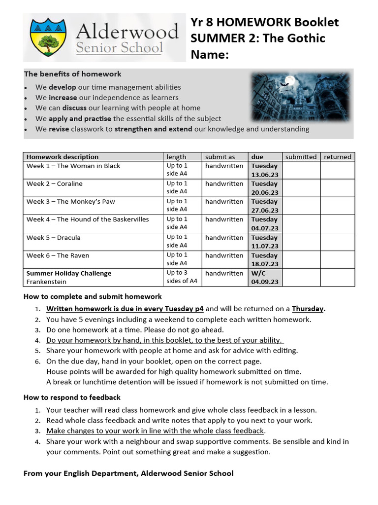 Y8 SUMMER 1 WEEK 4 HW The Gothic | PDF