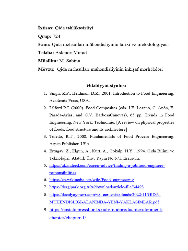 Qida Məhsulları Mühəndisliyinin Inkişaf Mərhələləri | PDF