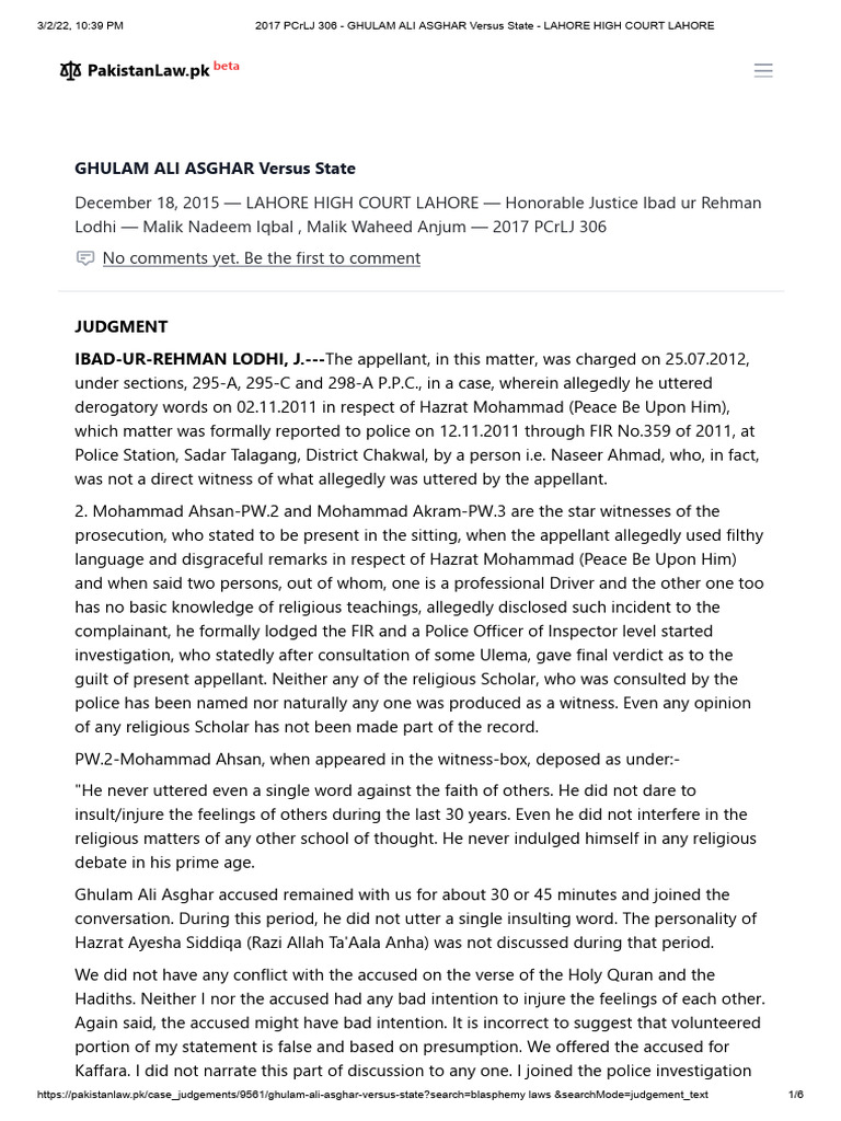 2017 PCRLJ 306 - GHULAM ALI ASGHAR Versus State - LAHORE HIGH COURT LAHORE | Download Free PDF ...