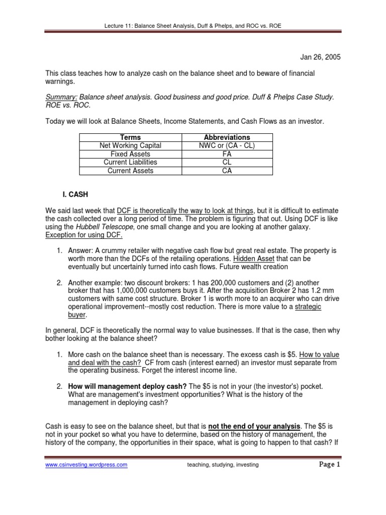 Lecture 11 - Balance Sheet Analysis Duff & Phelps ROE Vs ROC | PDF ...