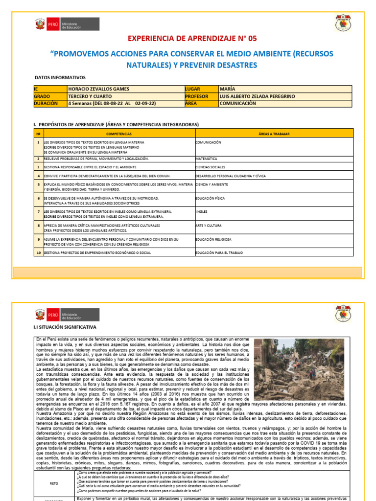 4° Grado - Experiencia #05 Promovemos Acciones para Prevenir Desastres | PDF | Entorno natural ...
