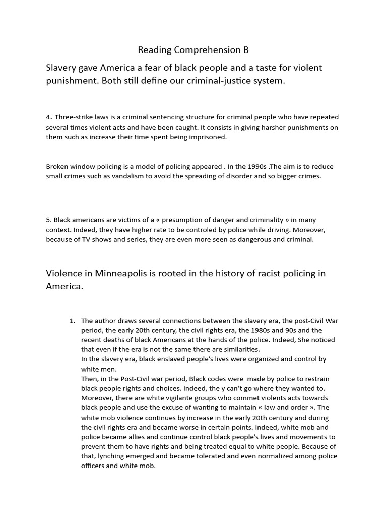 Reading Comprehension B Slavery Gave America A Fear of Black People and ...