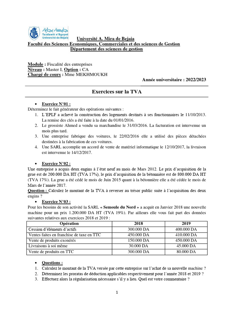 Exercices pratiques sur la TVA | PDF | Taxe sur la valeur ajoutée | Impôts