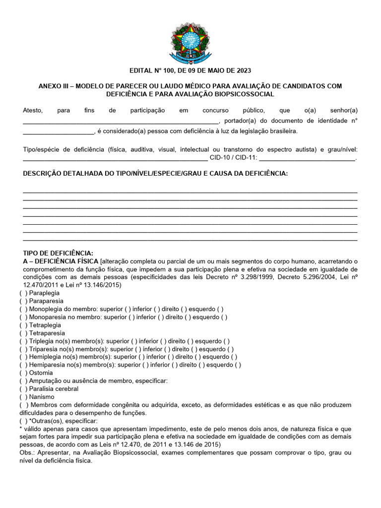 Anexo III Modelo de Parecer Medico Retificado | PDF | Surdez | Deficiência visual