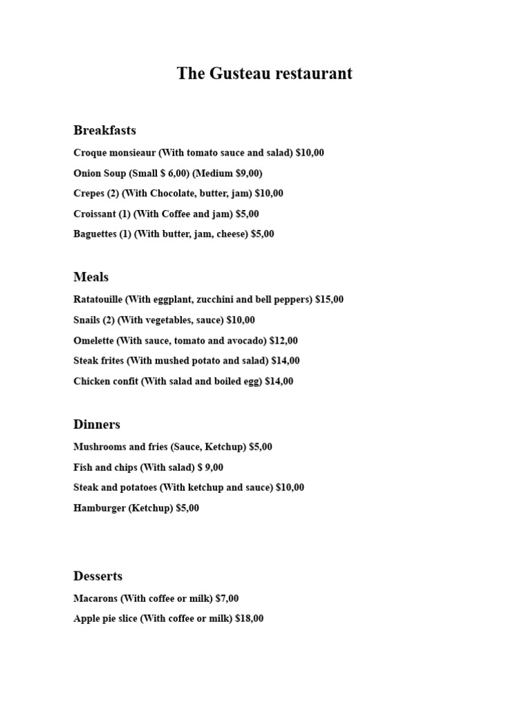 Gusteau Restaurant Menu Overview | PDF