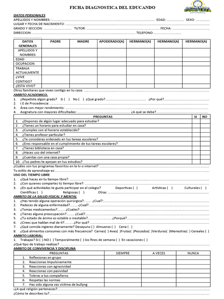 Ficha Diagnostica Socioemocional y Academica Del Educando | PDF