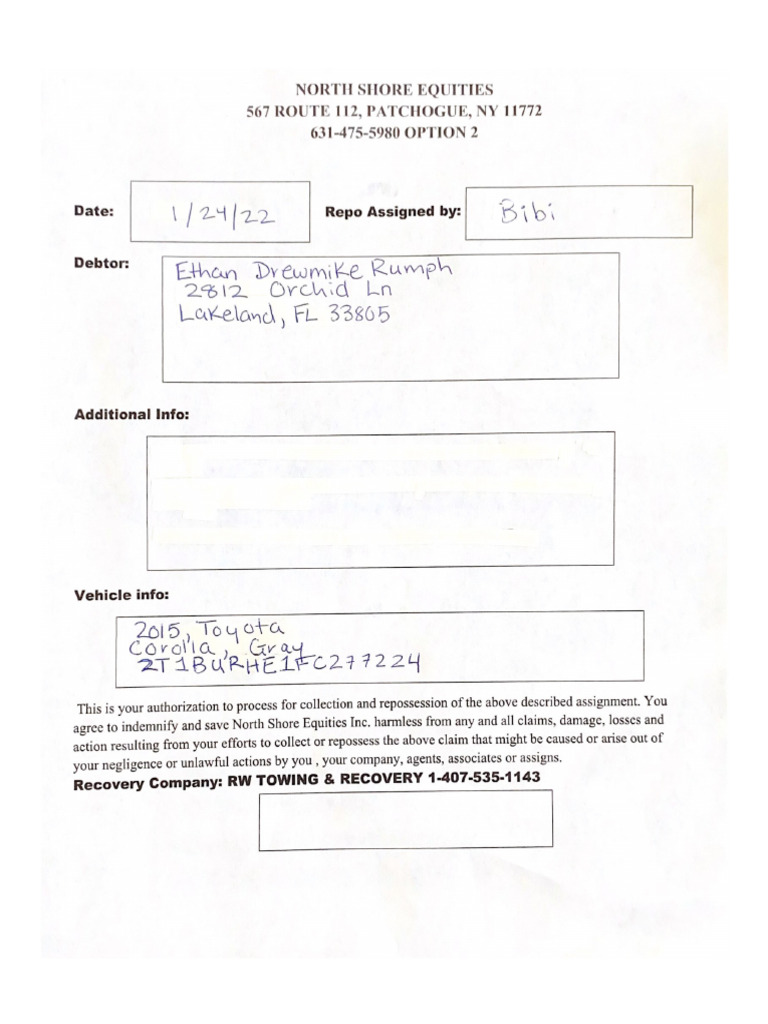 Repo Order - Toyota Corolla-1 | PDF