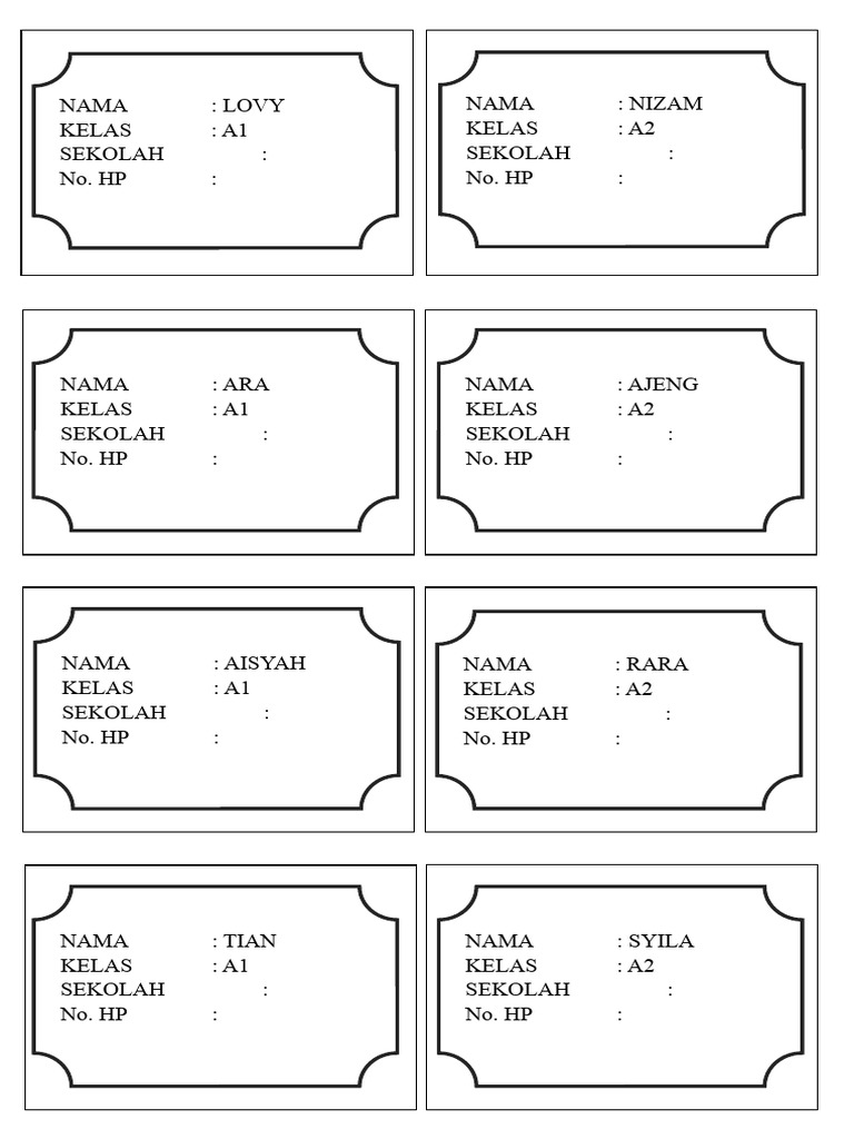 Template Name Tag Kelas SD A1 dan A2 | PDF