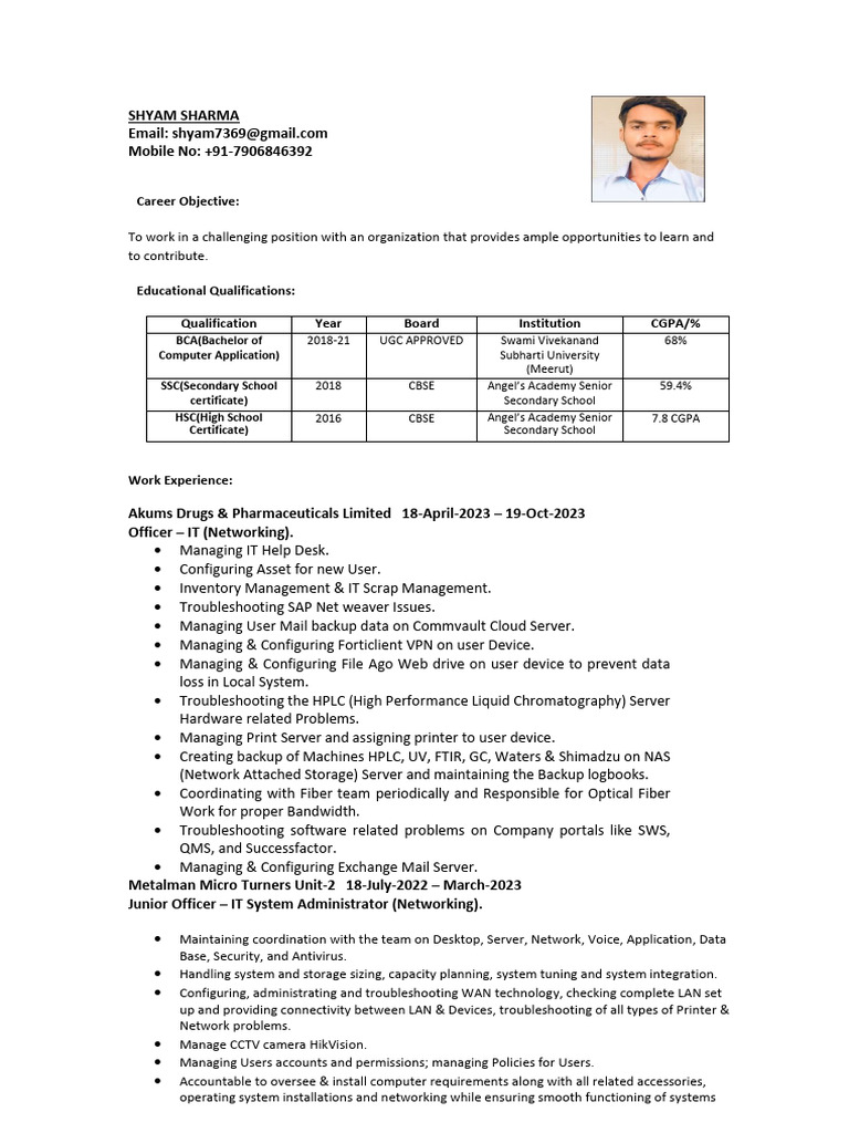 IT Professional Resume of Shyam Sharma | PDF | Computer Network ...
