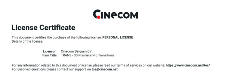Personal License Certificate - TRANS 30 Premiere Pro Transitions | PDF