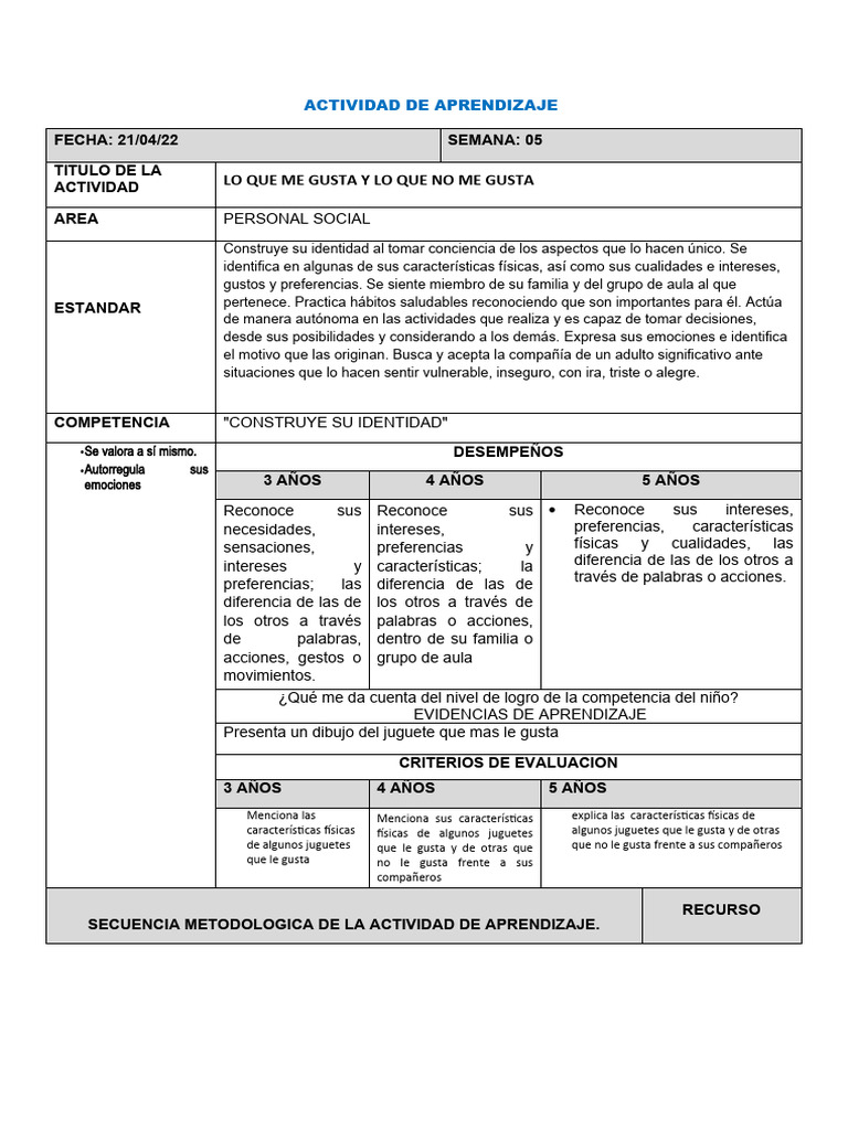 Actividad Lo Que Me Gusta y No Me ... | PDF | Juguetes | Evaluación