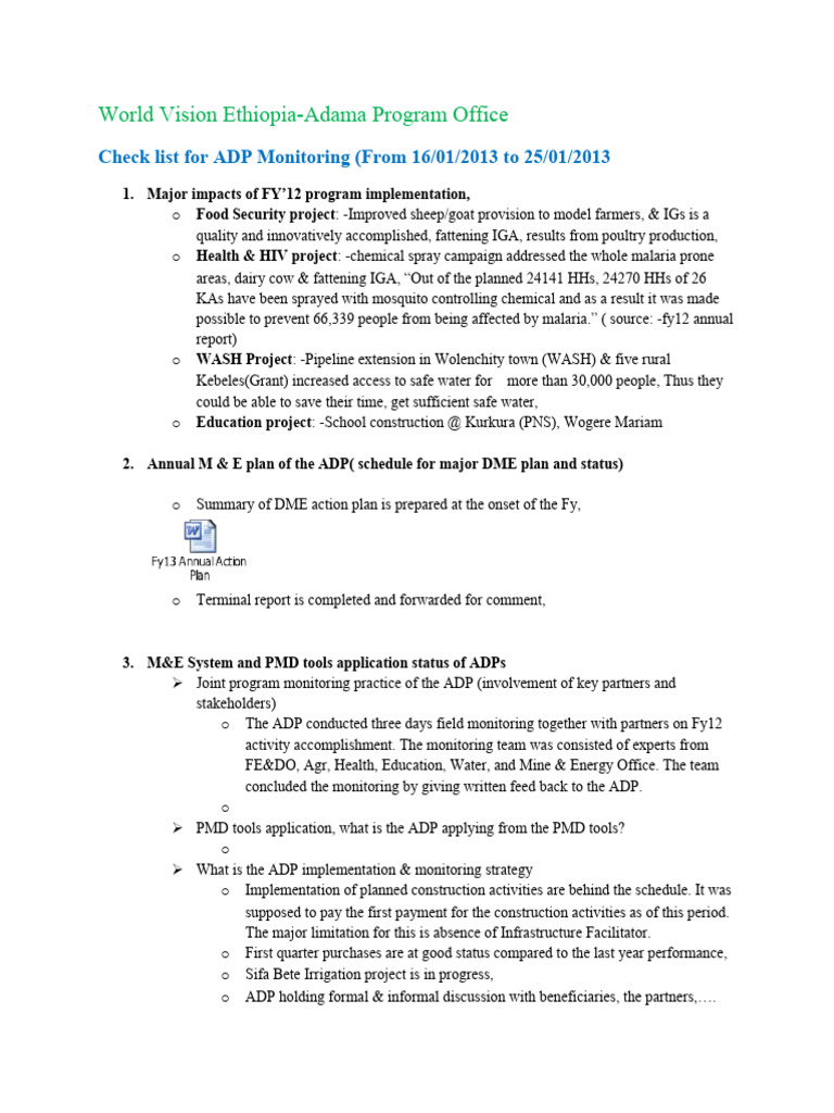 Checklist For ADP Monitoring | PDF | Wash | Food Security