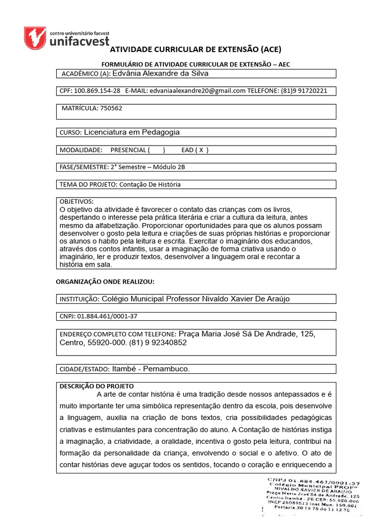 Atividade Curricular de Extensão (Ace) II | PDF | Aprendizado | Narrativa