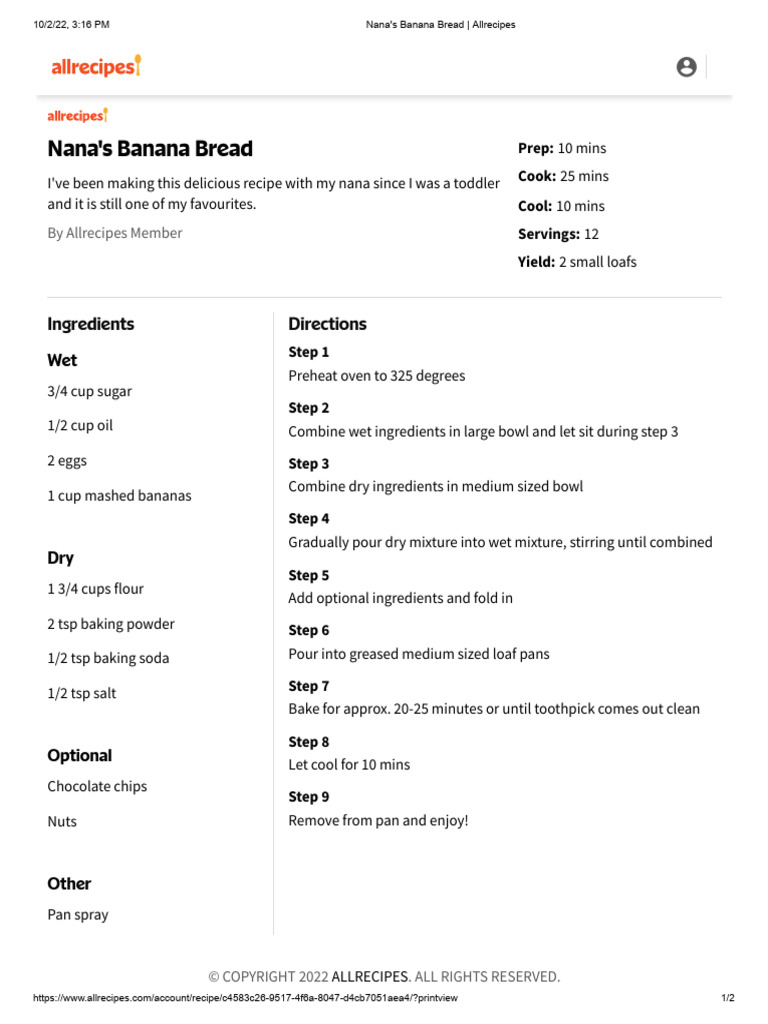 Nana's Banana Bread - Allrecipes | PDF | Breads | Baking