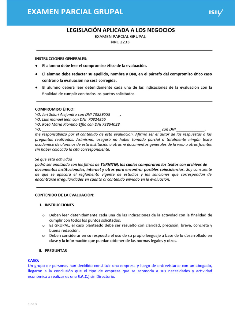 Examen Parcial Grupal 2233 Legislacion | PDF
