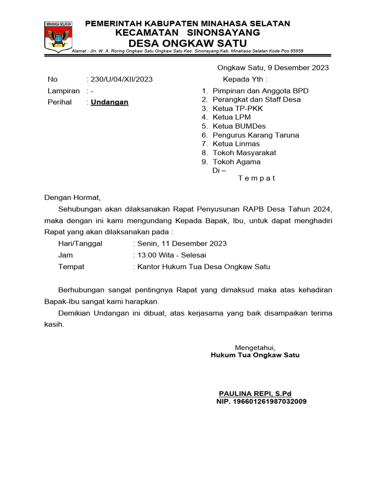 Undangan Rapat Penyusunan RAPB Desa Tahun 2024 | PDF