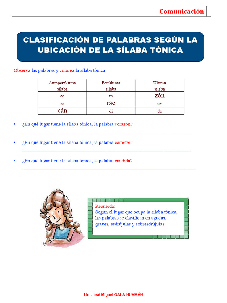 Clases de Palabras Según La Ubicación de La Sílaba Tónica para Tercer ...
