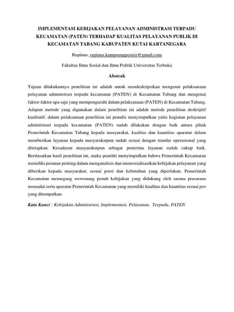 Karya Ilmiah. Rapinus - Implementasi Kebijakan Pelayanan Administrasi Terpadu Kecamatan | PDF