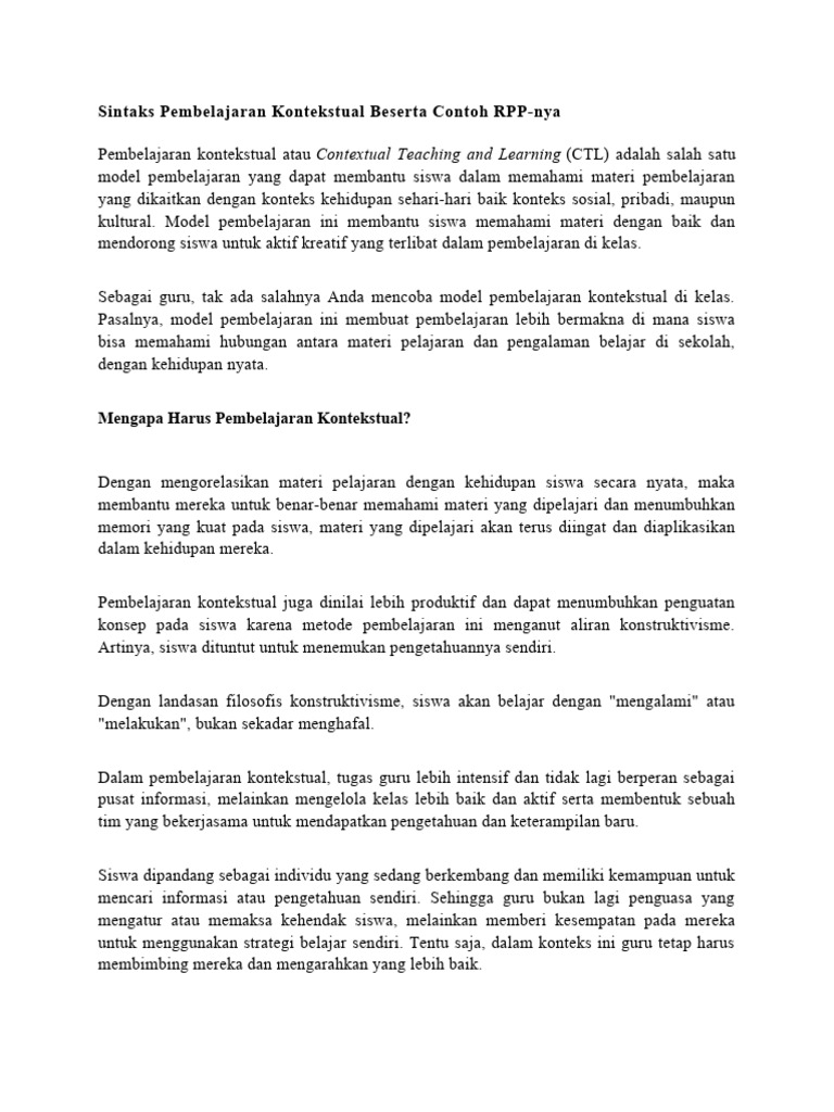 Sintaks Pembelajaran Kontekstual Beserta Contoh RPP | PDF | Sains & Matematika