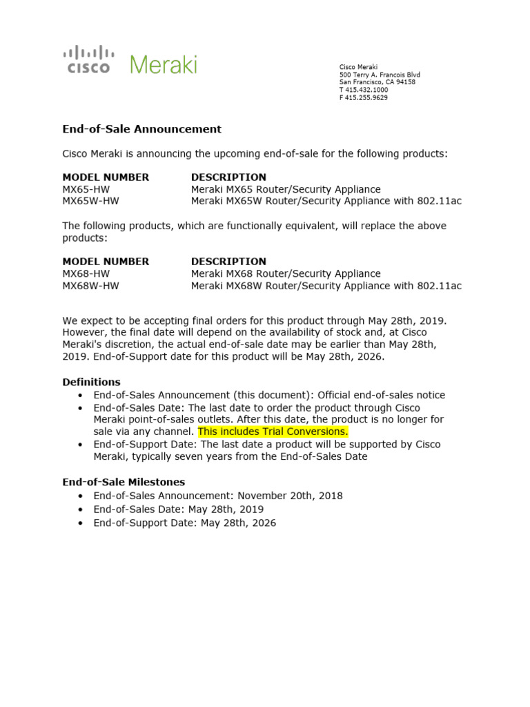 Meraki MX65/68 End-of-Sale Notice | PDF