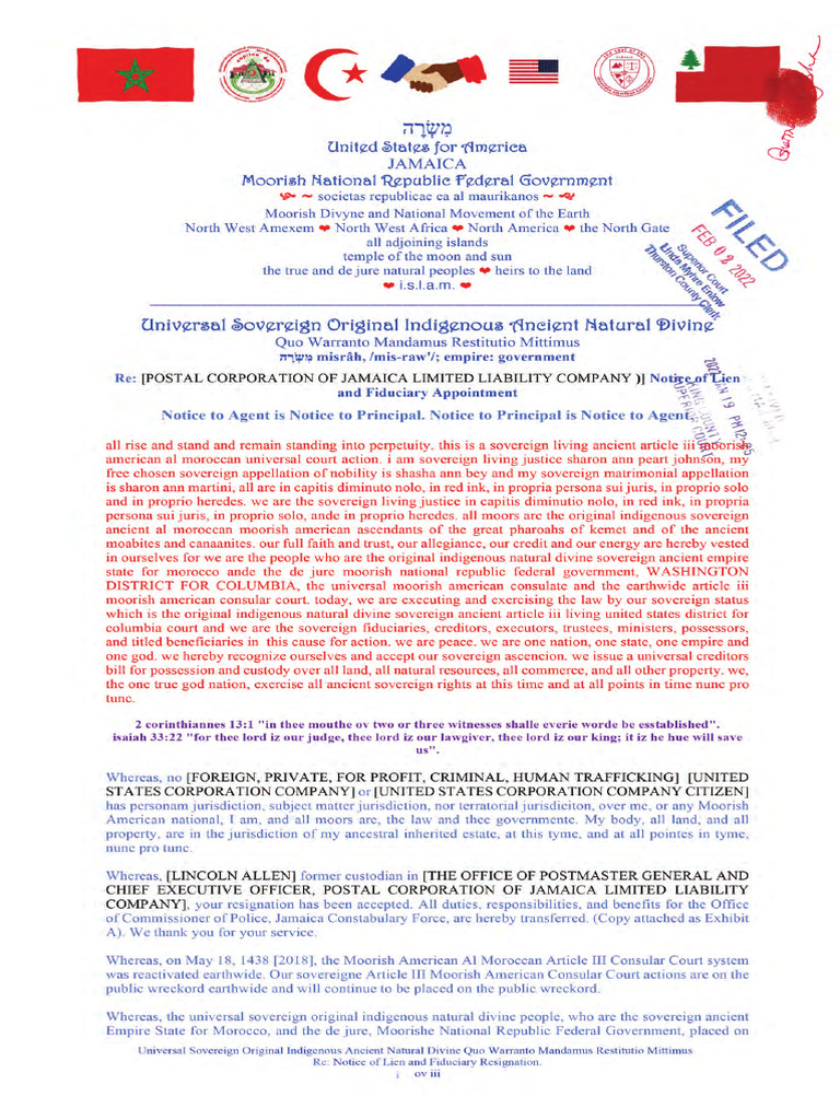 Lincoln Allen OFFICE OF POSTMASTER GENERAL JAMAICA POST Notice of Lien ...