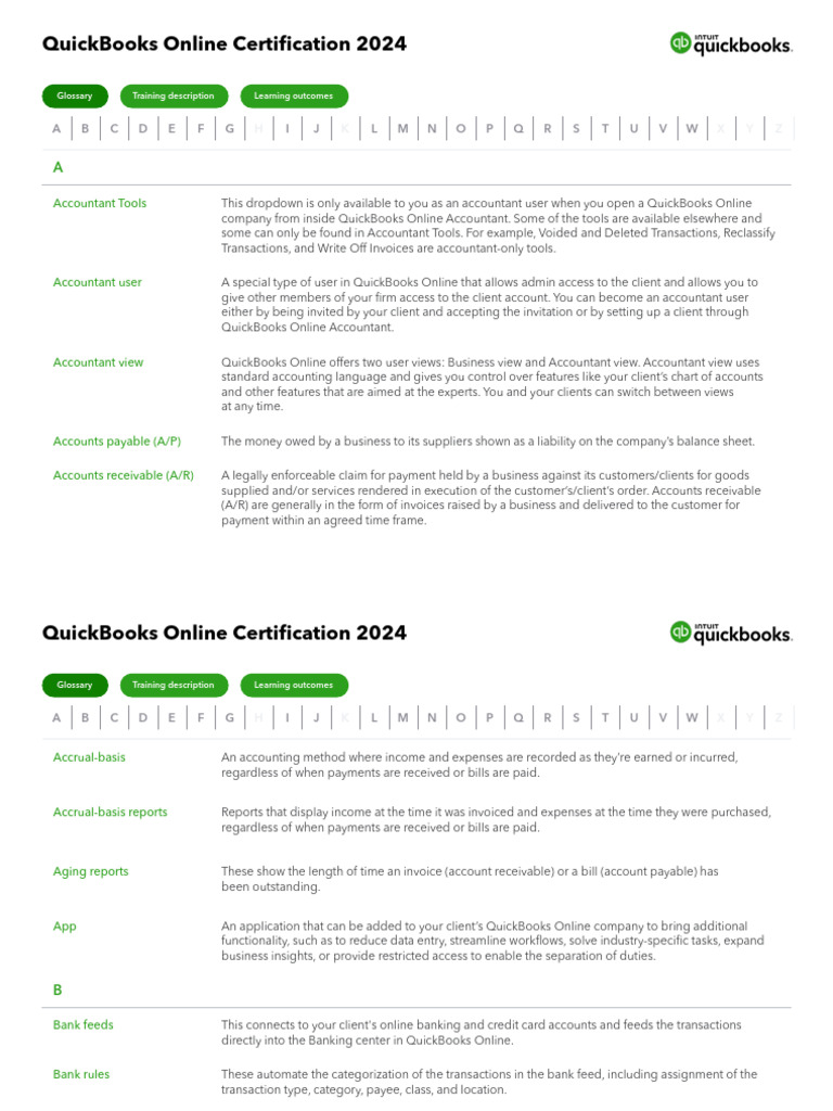 Qbo Core Cert Glossary 2024 Pdf Quick Books Accounts Payable