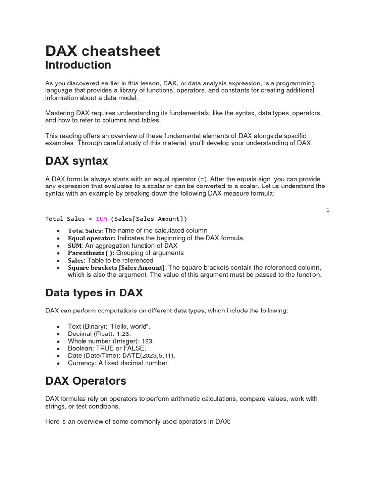 DAX_cheatsheet_1697530588 | PDF | Boolean Data Type | Data Type