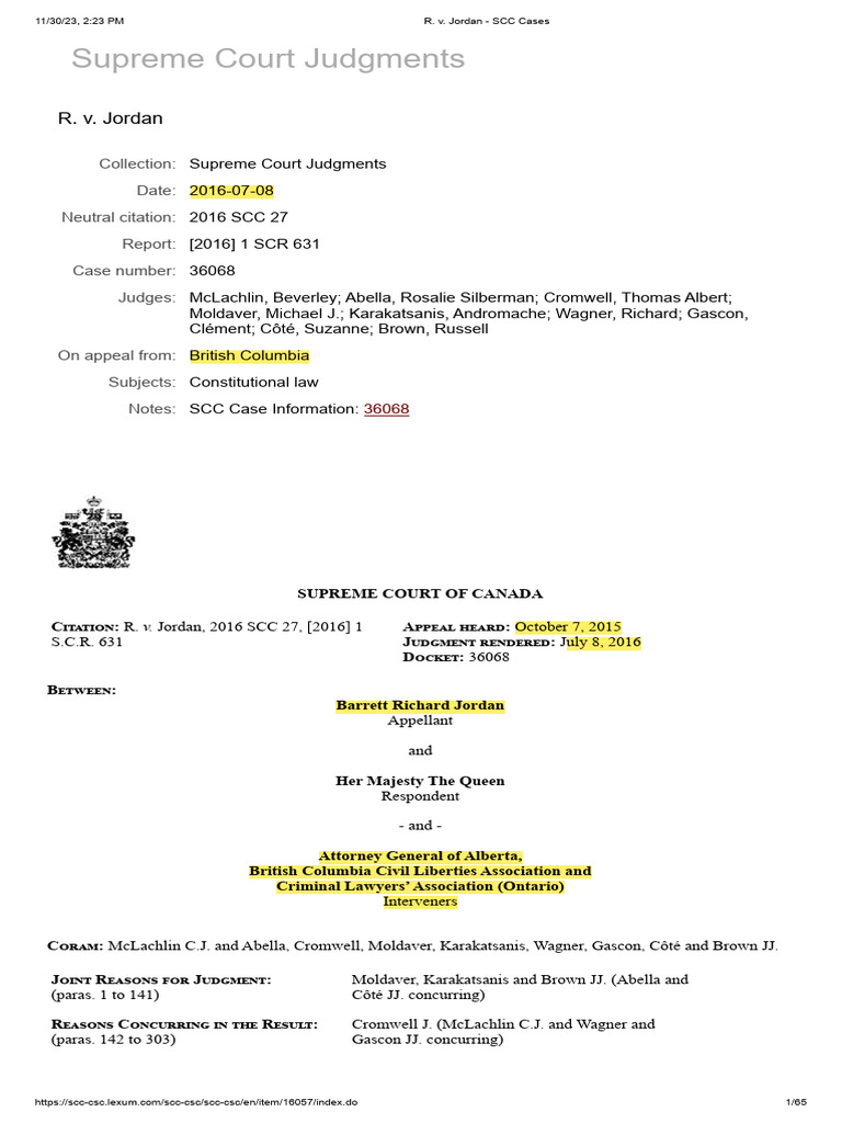 R. v. Jordan - SCC Cases | PDF | Bail | Preliminary Hearing