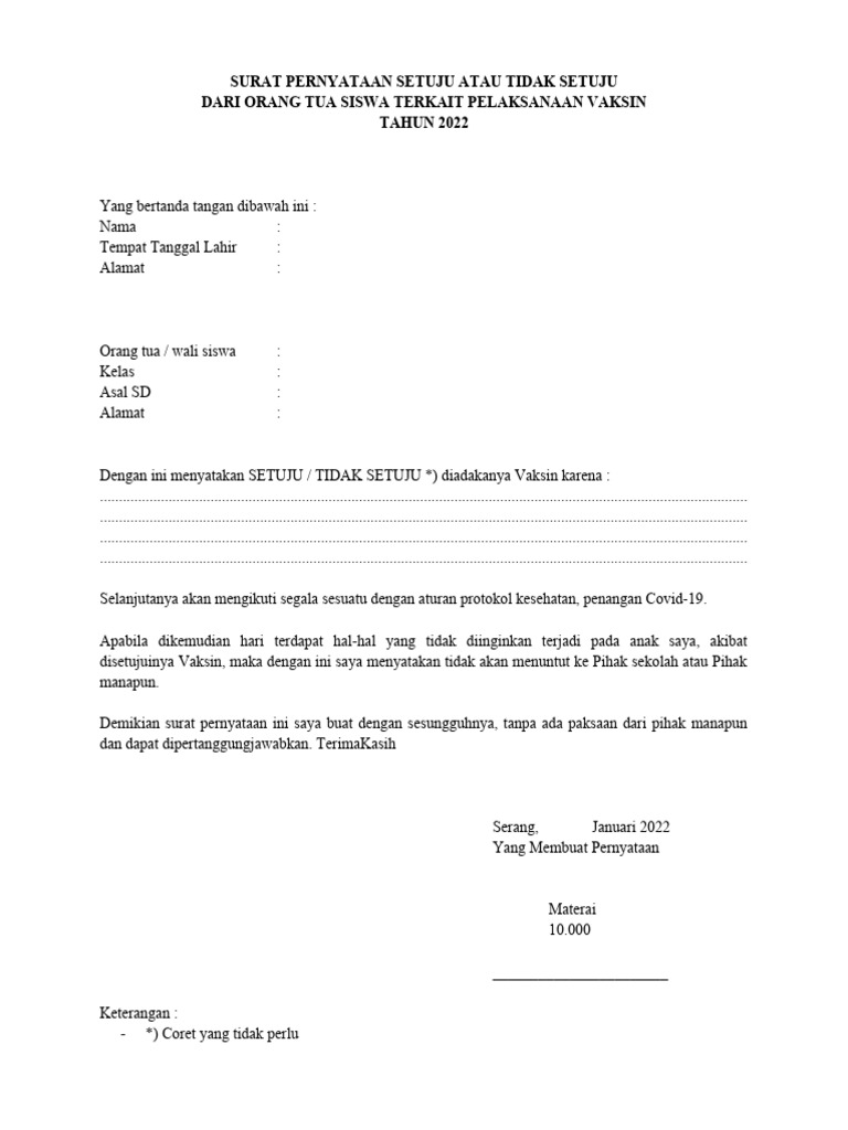 Surat Pernyataan Setuju Atau Tidak Setuju 2021 | PDF