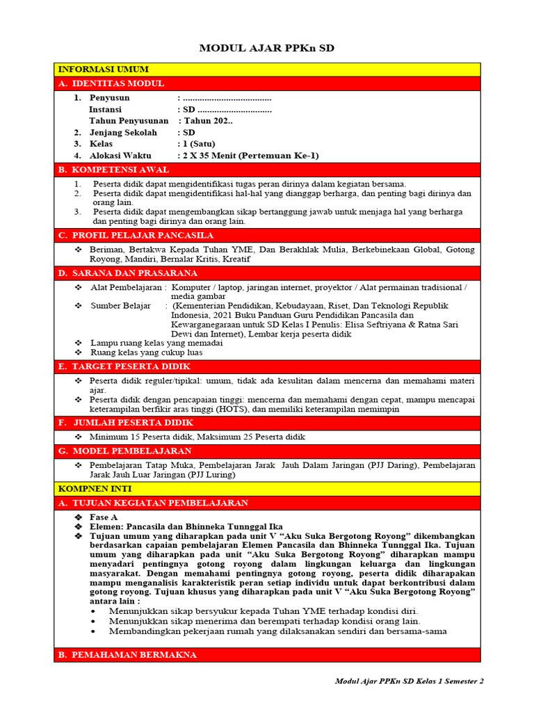 Modul Ajar PPKn Kelas 1 Semester 2 | PDF