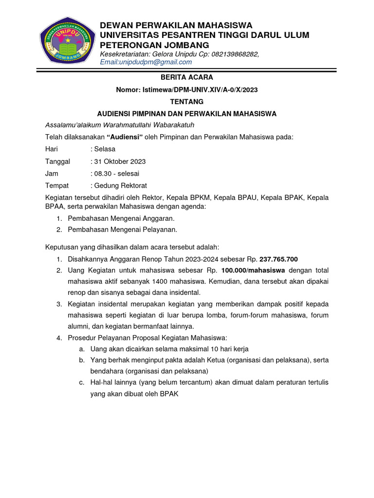 Berita Acara Audiensi Mahasiswa 2023 | PDF