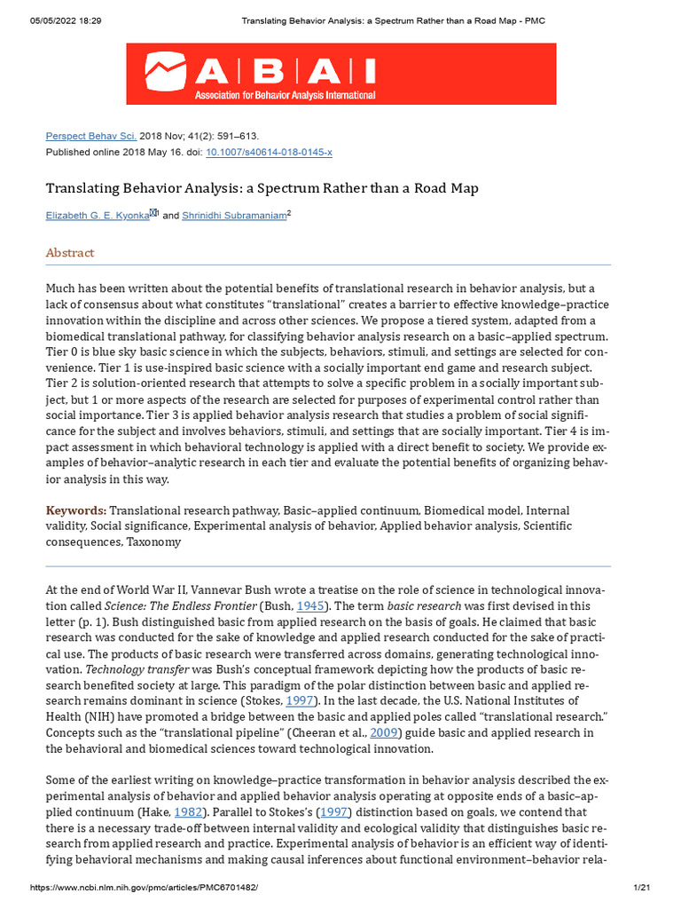 Translating Behavior Analysis - A Spectrum Rather Than A Road Map - PMC | PDF | Reinforcement ...