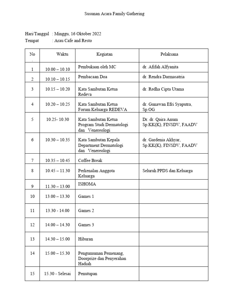 Susunan Acara Family Gathering 2022 | PDF | Sains & Matematika