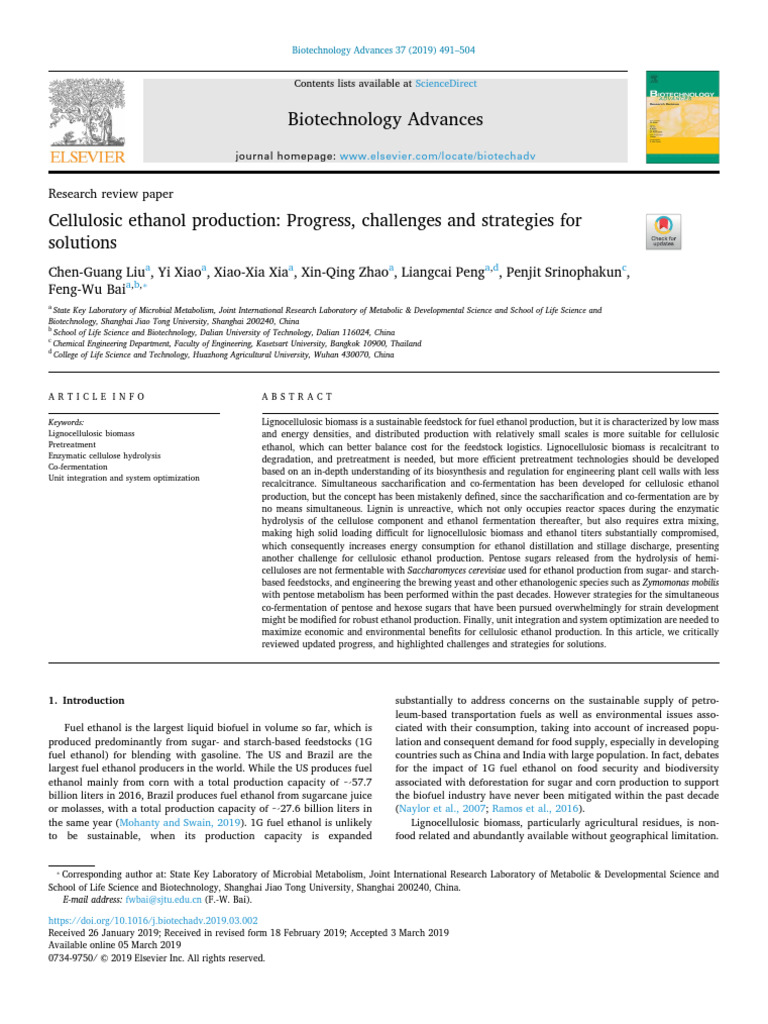 Cellulosic Ethanol Production. Progress, Challenges and Strategies For | Download Free PDF ...