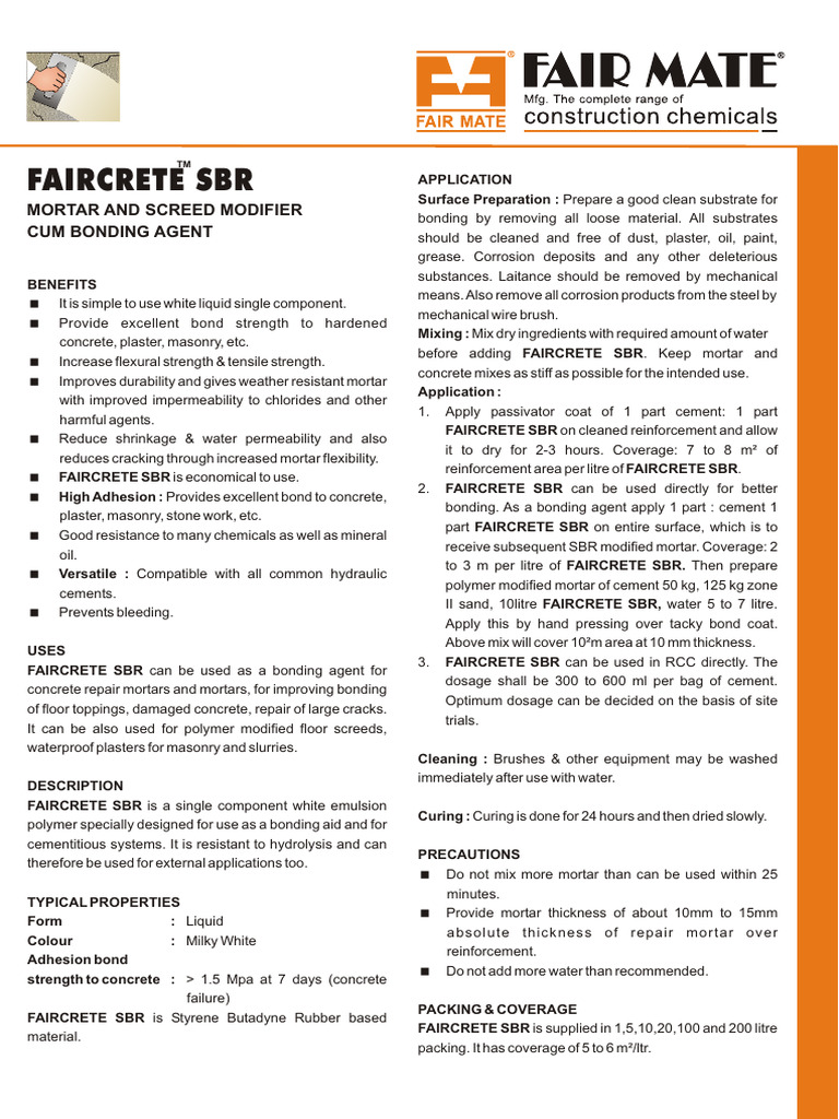 Faircrete SBR Mortar and Screed Modifier Cum Bonding Agent | PDF ...