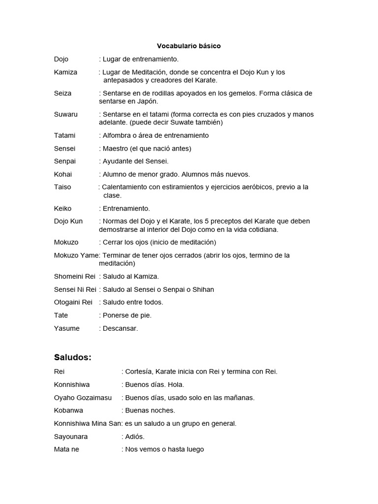 Vocabulario Básico de Karate | PDF | Kárate | Artes marciales japonesas