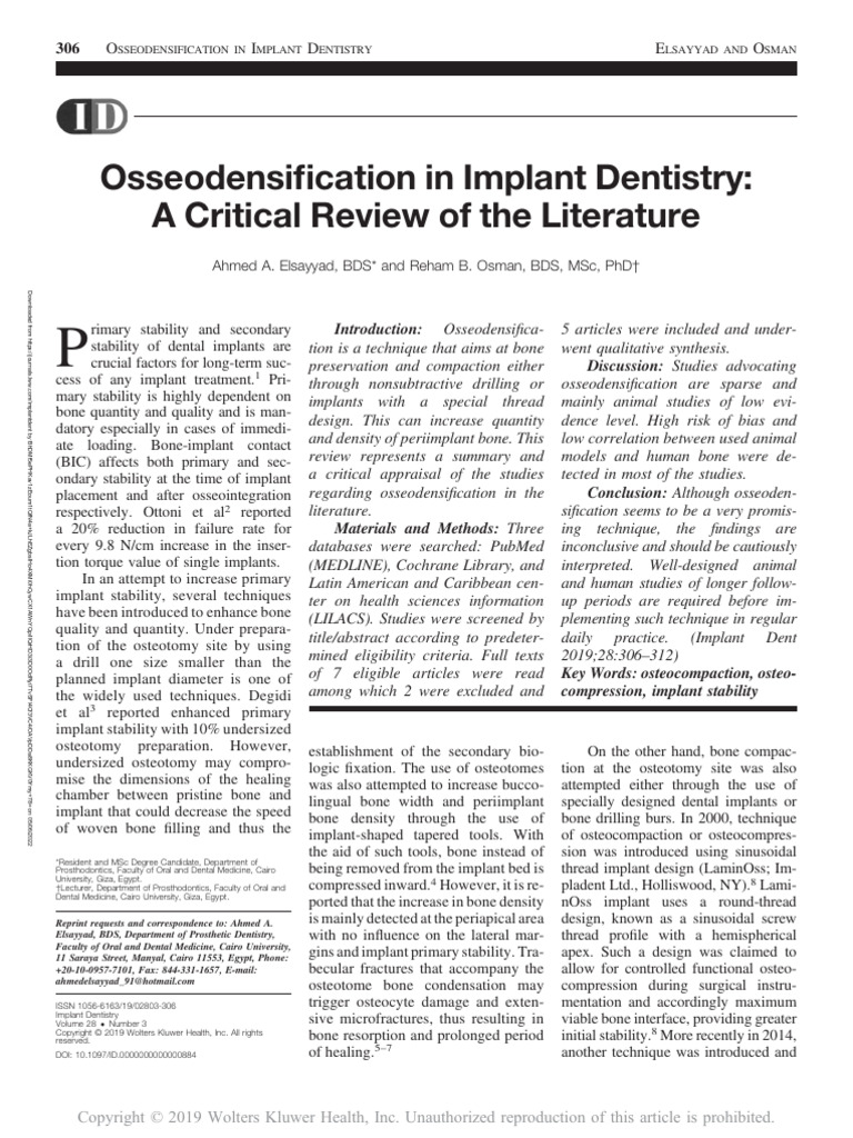 Osseodensification in Implant Dentistry A.12 | PDF | Dental Implant ...