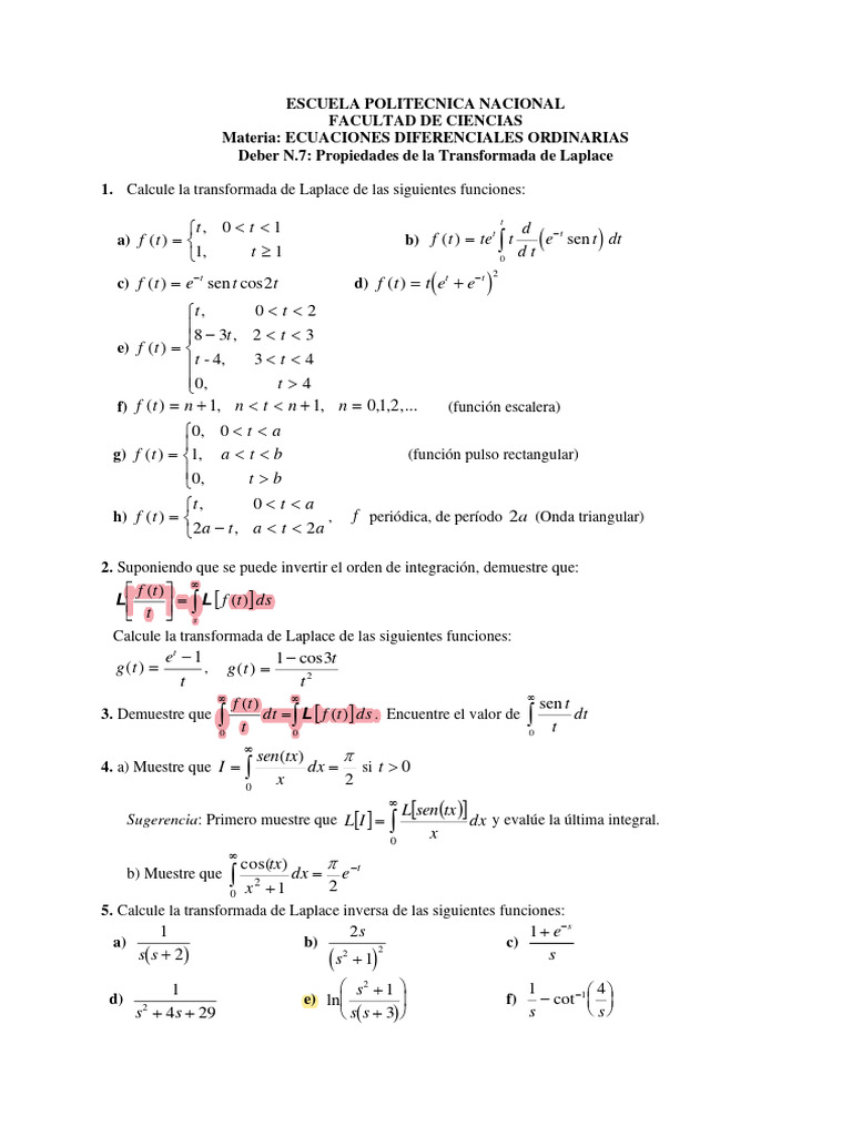 Deber 7 Transformada de Laplace | Descargar gratis PDF | Masa | Fuerza