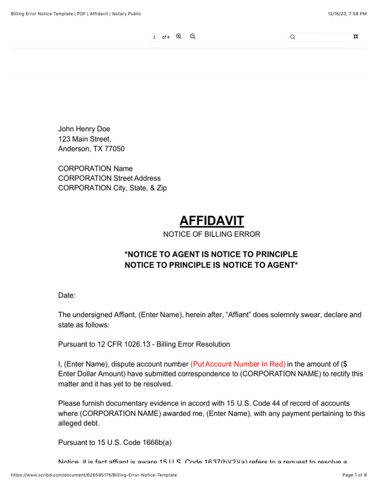 Billing Error Notice Template - PDF - Affidavit - Notary Public | PDF | Affidavit | Notary Public