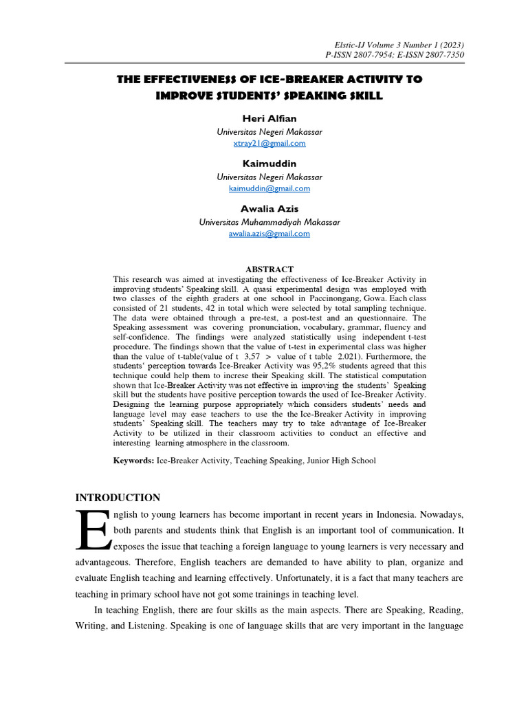 Ice-Breaker Activities for Speaking Skills | PDF | Teachers | Learning