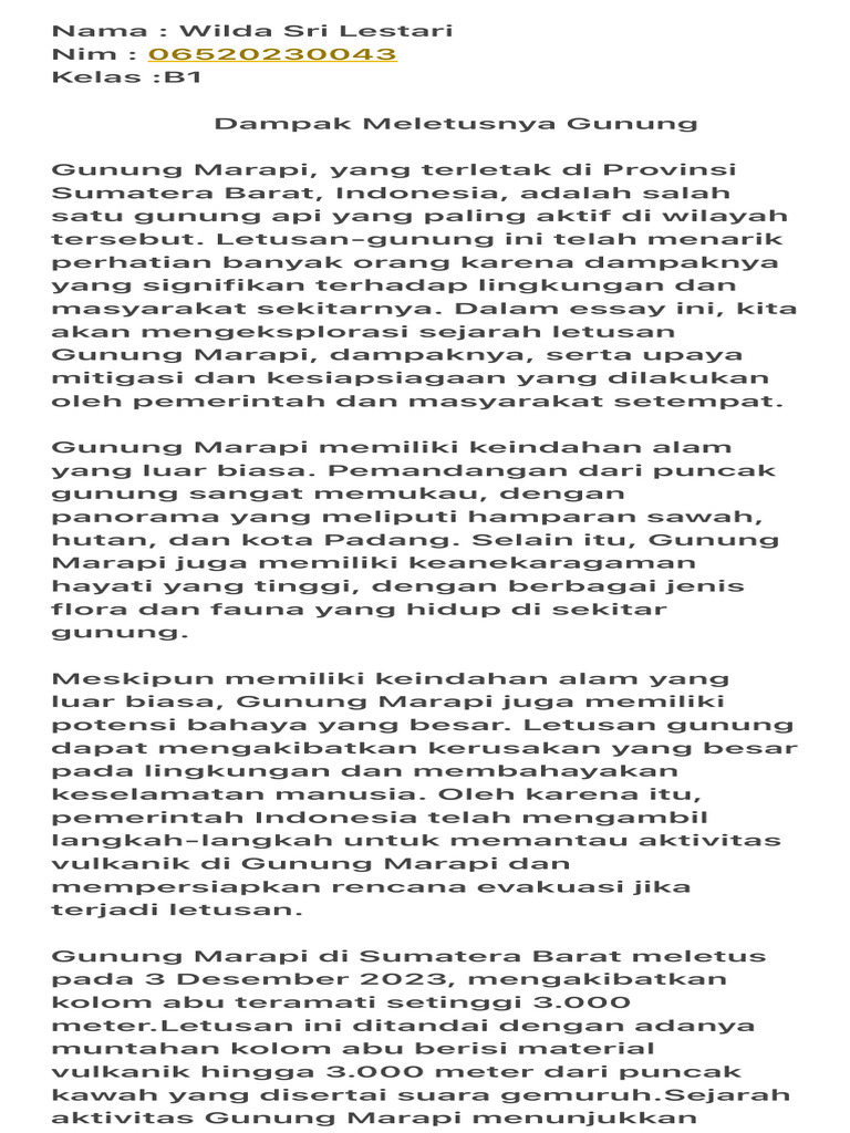 Dampak Meletusnya Gunung Marapi Di Sumatera Barat (Wilda Sri Lestari:06520230043) | PDF