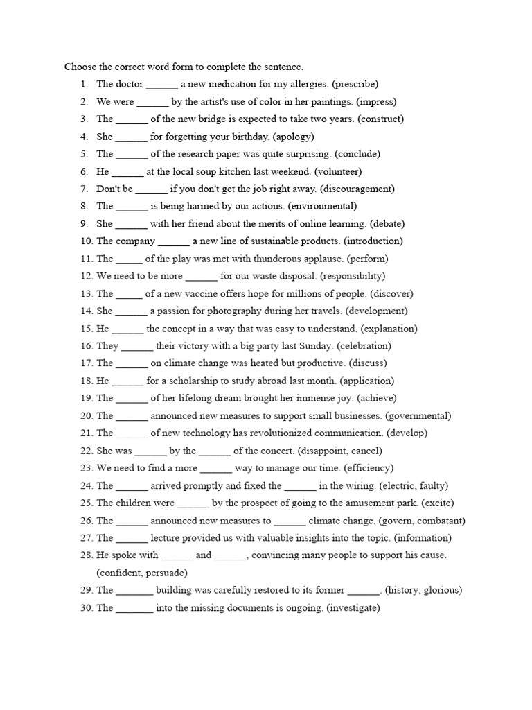 Choose The Correct Word Form To Complete The Sentence | PDF