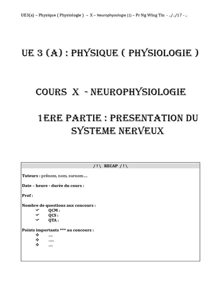 UE 3 - Physiologie - Neurophysiologie 1 | PDF | Nerf | Système nerveux