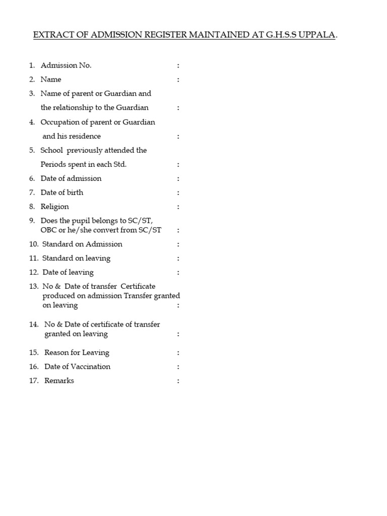 Extract of Admission Register | PDF