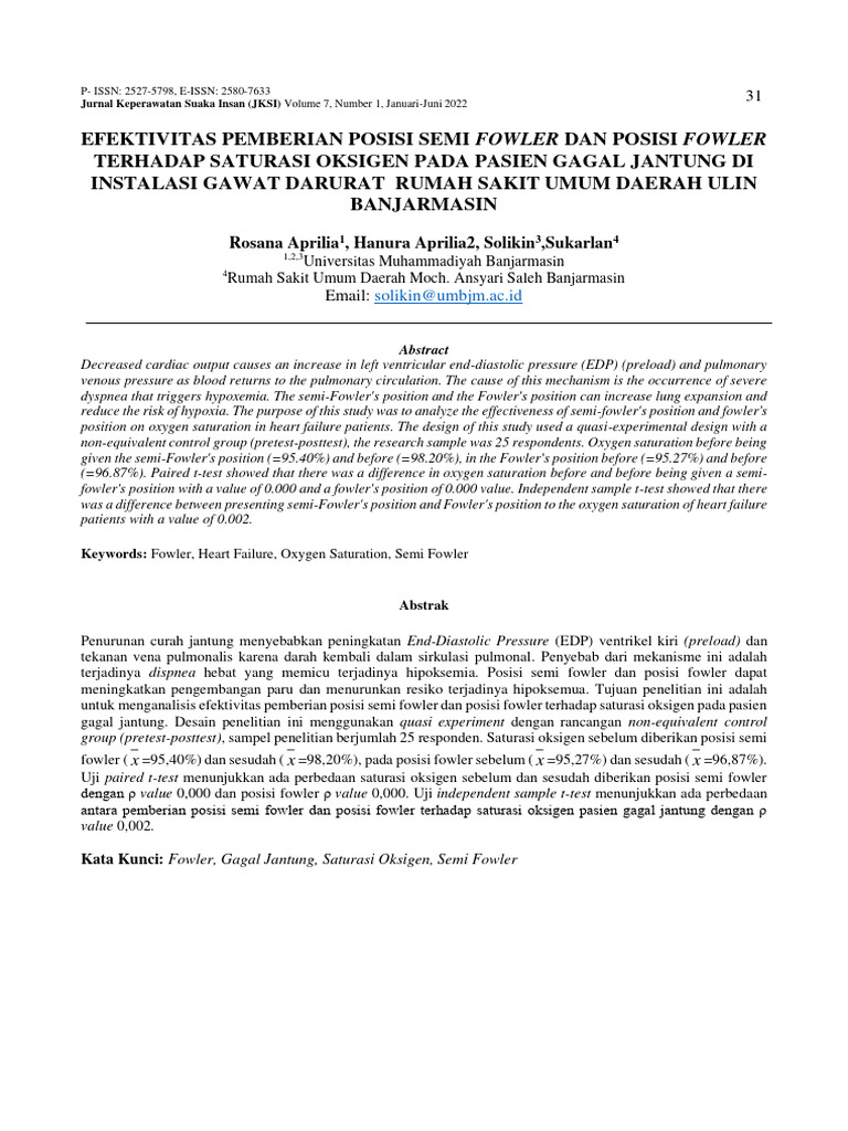 Effect of Fowler Positions on Oxygen Saturation | PDF | Heart Failure ...