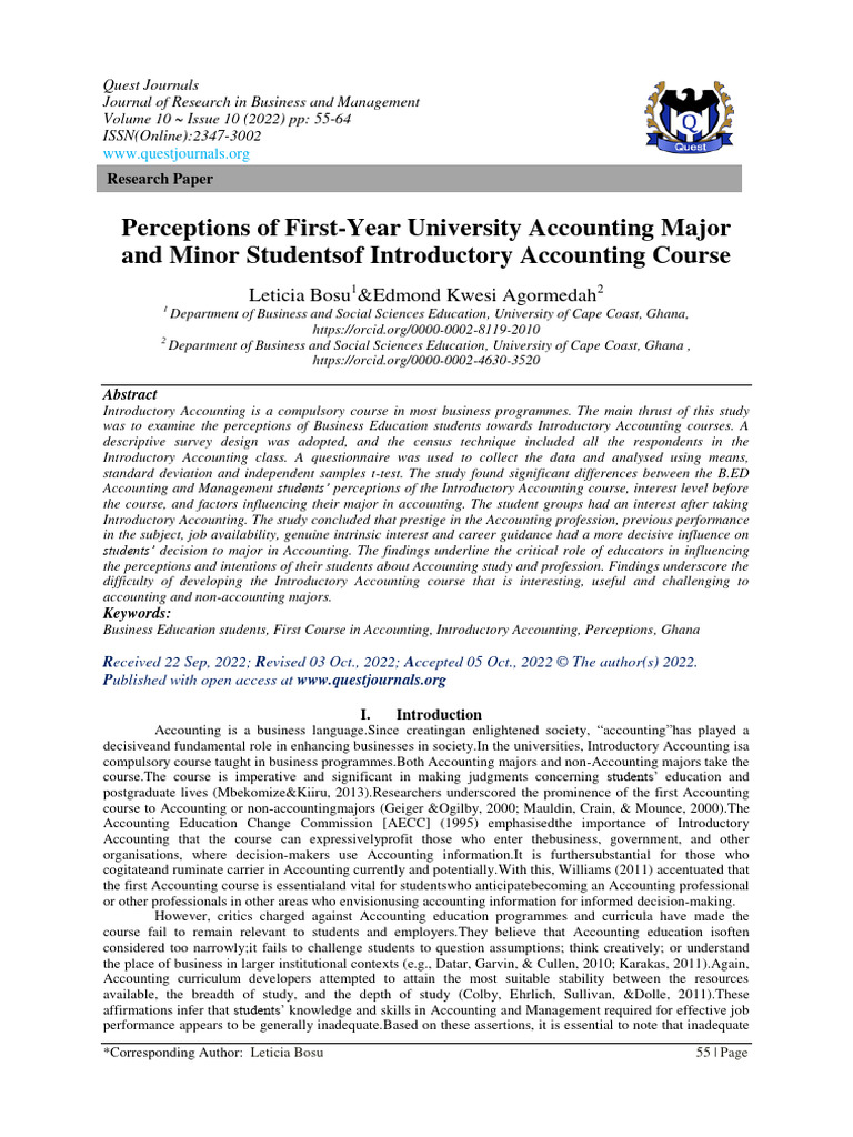Perceptions Accounting Major and Minor Students of Inductory Accounting ...