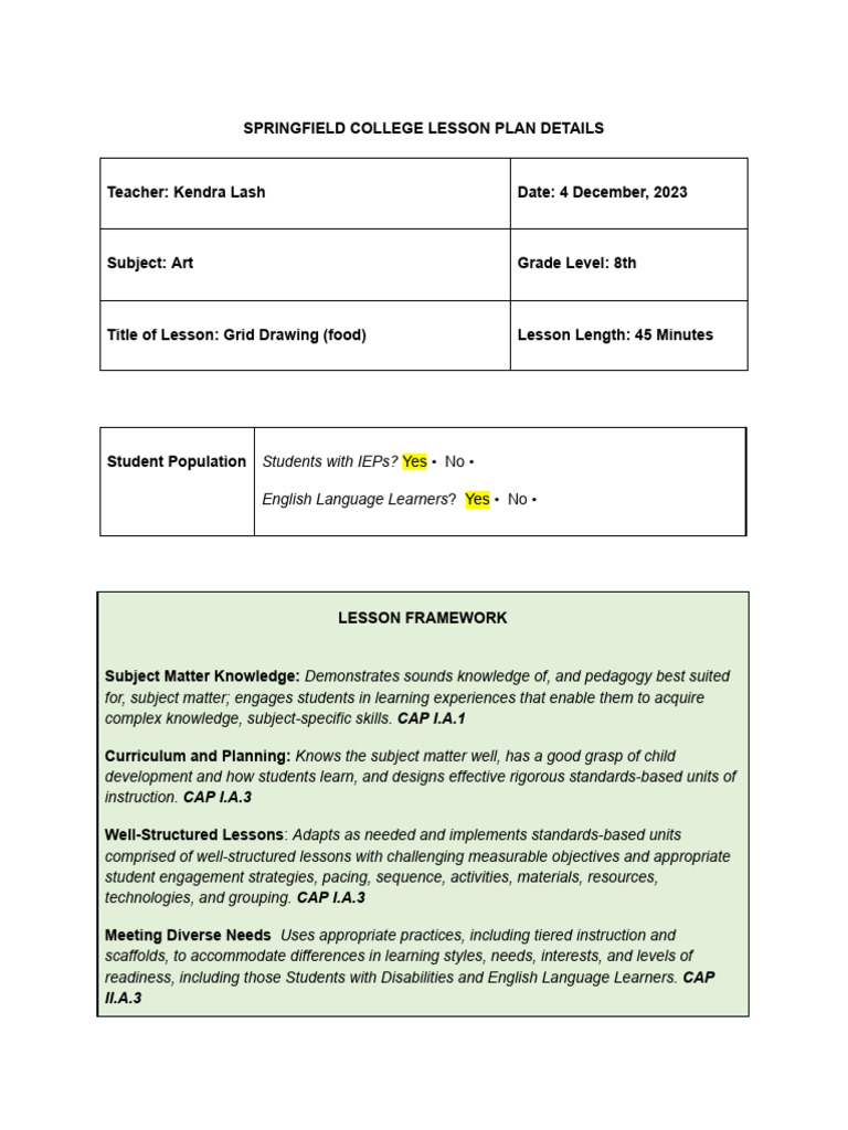 8th Grade Art Lesson: Grid Drawing Food | PDF | Learning | Understanding