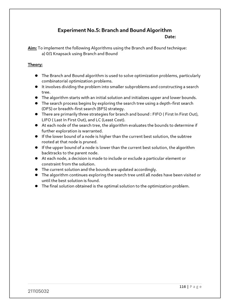 Experiment No.5: Branch and Bound Algorithm | PDF | Combinatorics | Computer Science